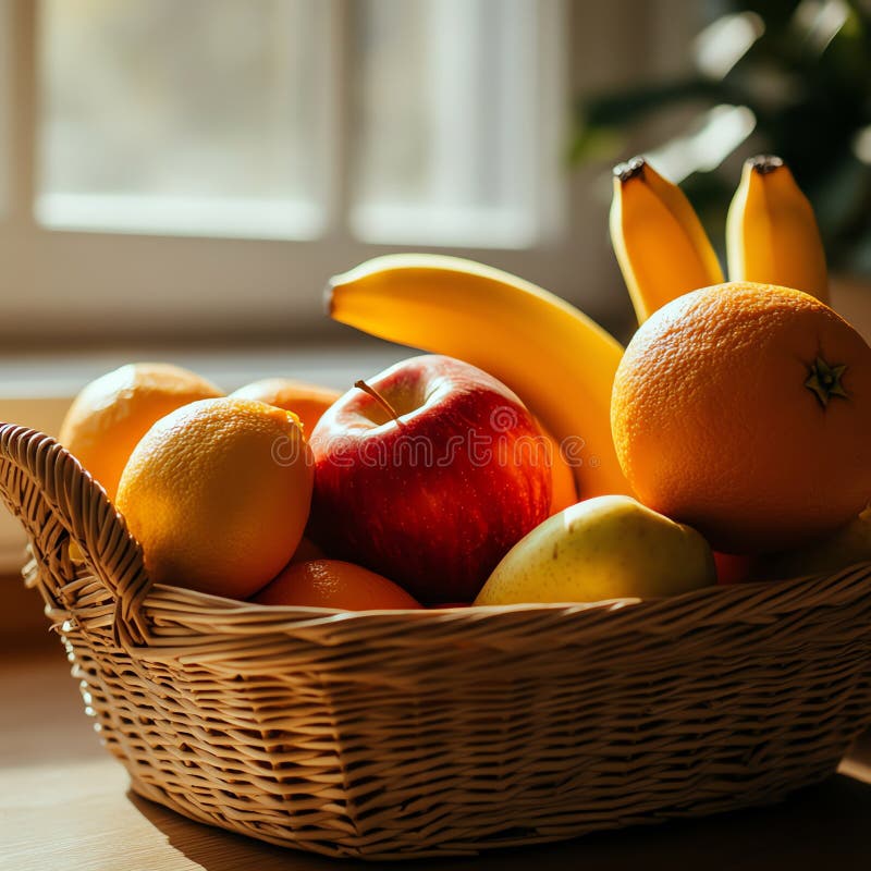 Assorted Fruits in a Wicker Basket by the Window Stock Image - Image of ...
