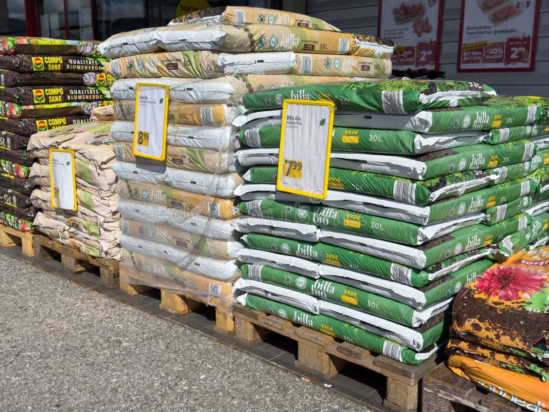 Assorted Garden Soil Bags Stacked on Pallets Outside Store Editorial ...