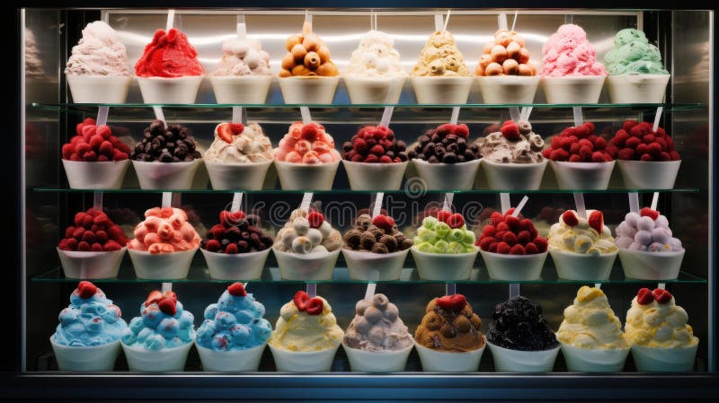 Assorted Gelato Flavors Beautifully Topped with Fresh Fruit in Display ...