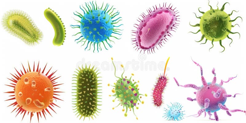 Assorted Germs on a Clean White Backdrop, Ideal for Medical or ...