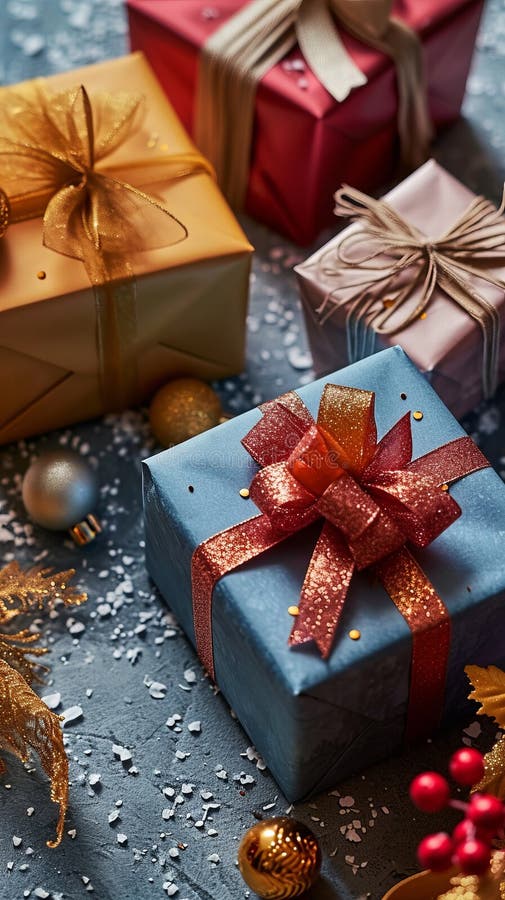 Assorted Gift Packages Adorned with Sparkling Ribbons Against a ...