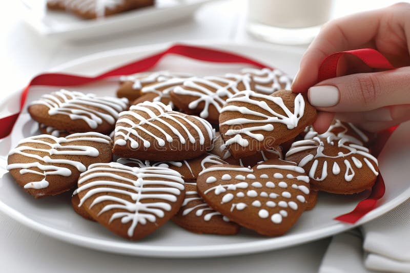 Assorted Gingerbread Cookies Displayed on Plate with Red Ribbon ...