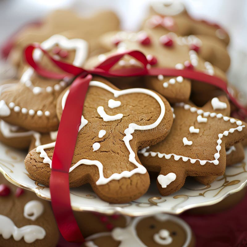 Assorted Gingerbread Cookies on Plate with Red Ribbon, Minimalist Focus ...
