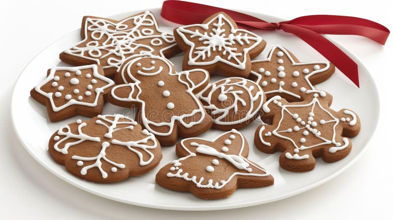 Assorted Gingerbread Cookies on Plate with Red Ribbon, Minimalist Focus ...