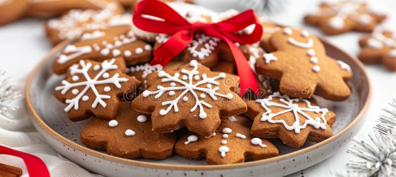 Assorted Gingerbread Cookies on Plate with Red Ribbon, Minimalist Focus ...