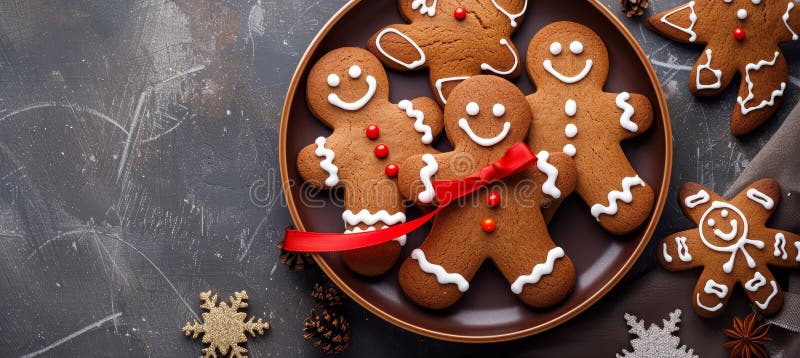 Assorted Gingerbread Cookies on Plate with Red Ribbon Minimalistic ...