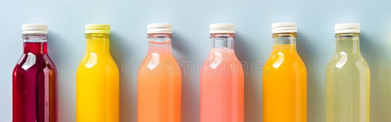 Assorted Glass Bottles of Different Colored Beverages in a Row. Drinks ...