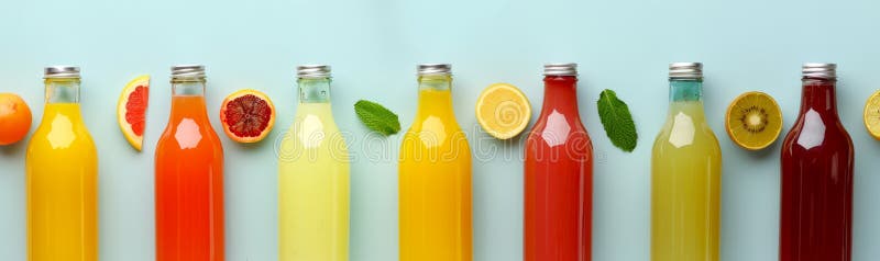 Assorted Glass Bottles of Different Colored Beverages in a Row. Drinks ...