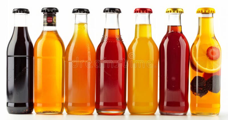 Assorted Glass Bottles of Different Colored Beverages in a Row. Drinks ...