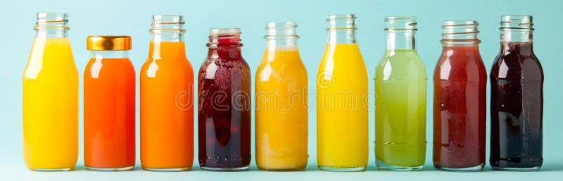 Assorted Glass Bottles of Different Colored Beverages in a Row. Drinks ...
