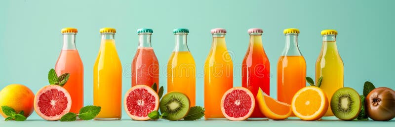 Assorted Glass Bottles of Different Colored Beverages in a Row. Drinks ...