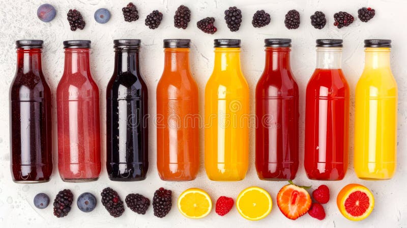 Assorted Glass Bottles of Different Colored Beverages in a Row. Drinks ...