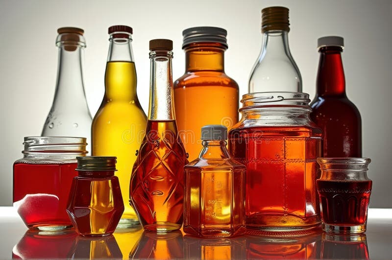 Assorted Glass Bottles and Jars with Colorful Liquids on White Surface ...