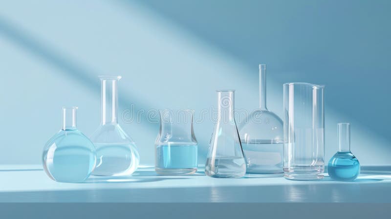 Assorted Glass Laboratory Flasks with Blue Liquid on Soft Blue ...