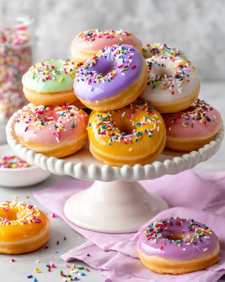 Assorted Glazed Donuts with Colorful Sprinkles on White Cake Stand Stock Image - Image of candy ...