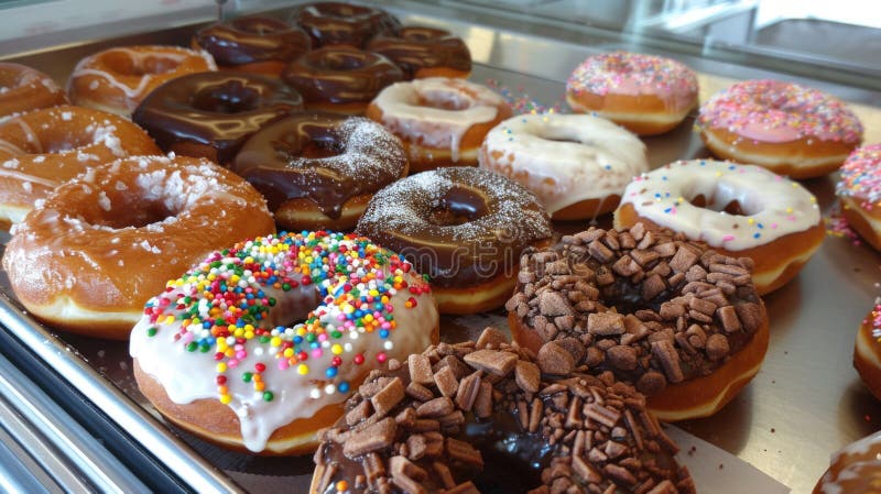 Assorted Glazed Doughnuts Displayed in a Bakery Stock Illustration ...