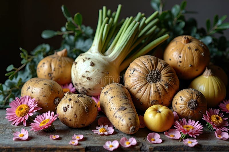 Assorted Gourds and Root Vegetables with Flowers on Rustic Surface ...