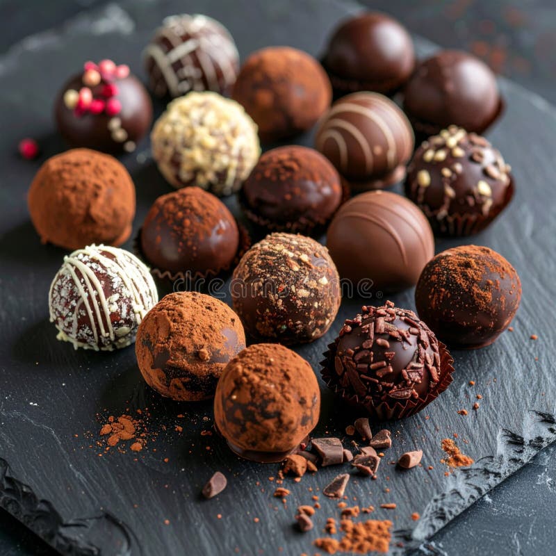 Assorted Gourmet Chocolate Truffles on Dark Slate Stock Illustration ...
