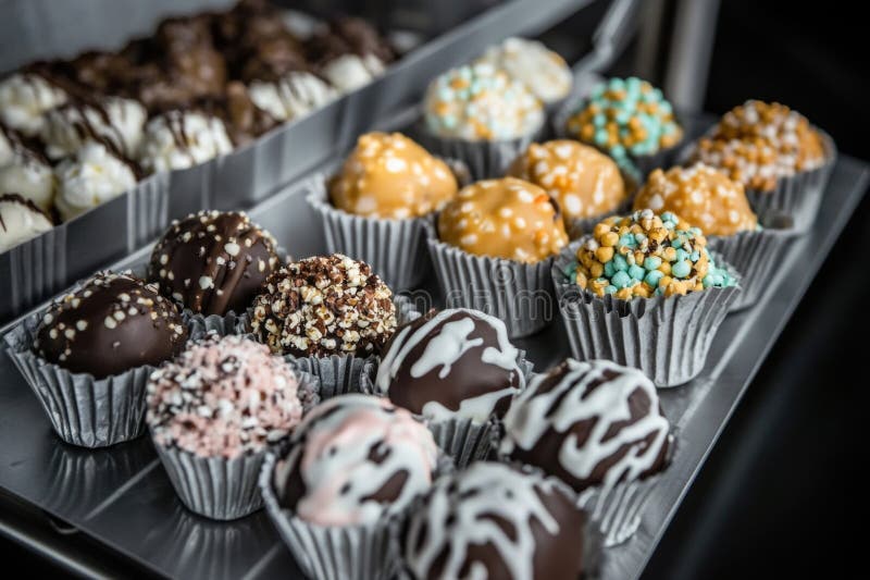Assorted Gourmet Chocolate Truffles in Decorative Wrappers on Display ...