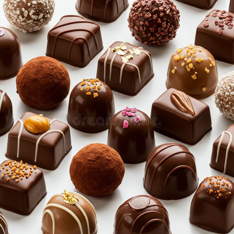 Assorted Gourmet Chocolates Arranged on a White Surface, Featuring a ...