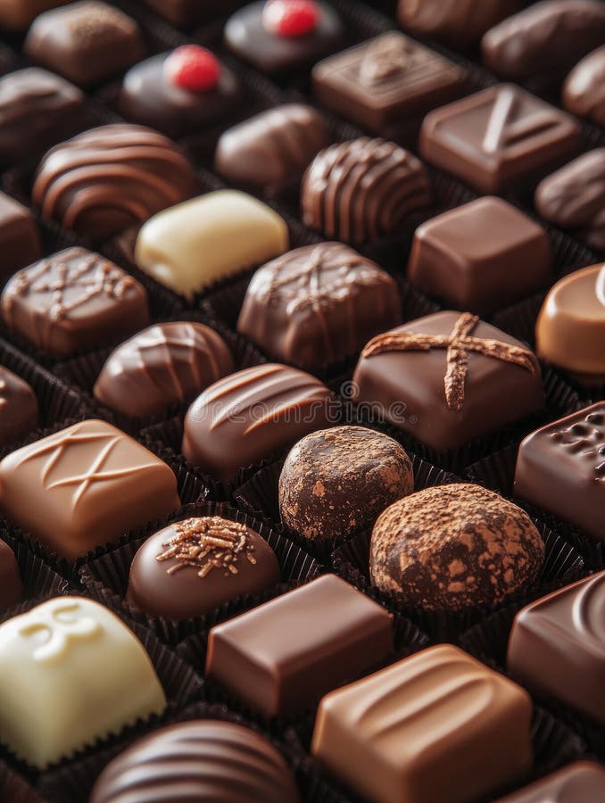 Assorted Gourmet Chocolates in a Visually Stunning Arrangement. Stock ...