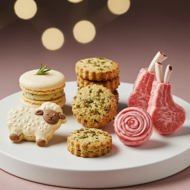 Assorted Gourmet Cookies and Macarons with Lamb Theme Stock Photo ...