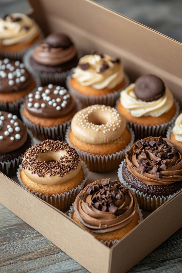 Assorted Gourmet Cupcakes in Box Displaying Variety of Icing Styles ...