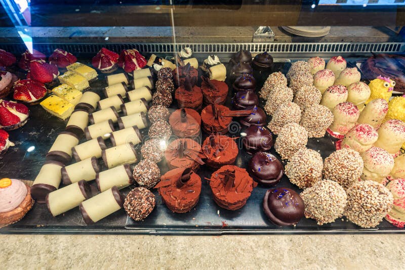 Assorted Gourmet Desserts Displayed in Bakery Showcase Stock Image ...