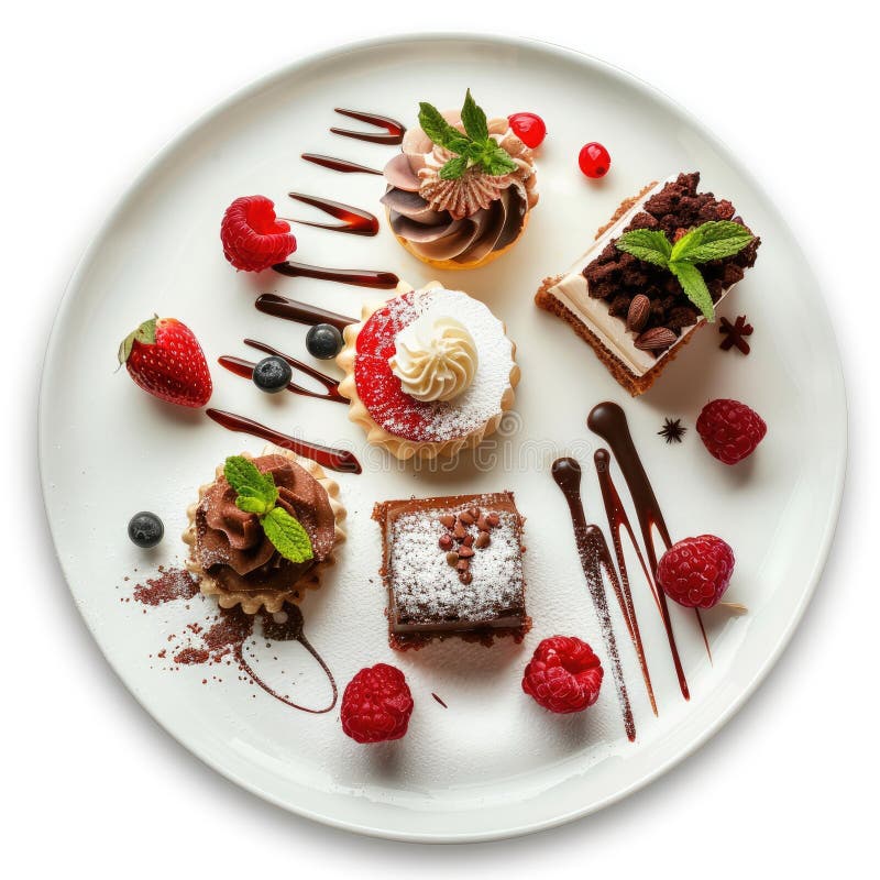Assorted Gourmet Desserts with Fruit Garnishes on a White Plate. Top ...