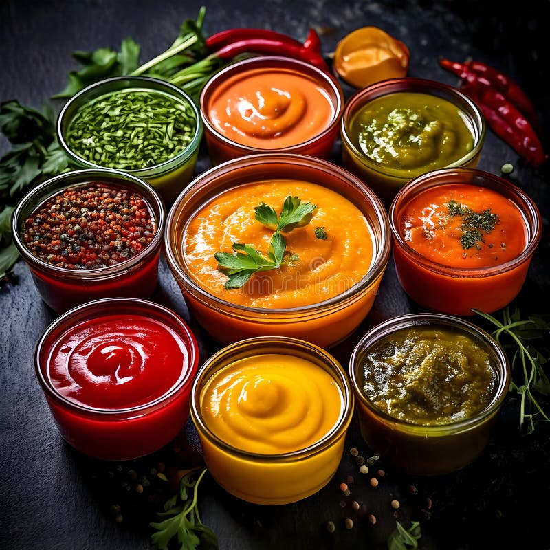 Assorted Gourmet of Different Types of Sauces with Variety of Textures ...