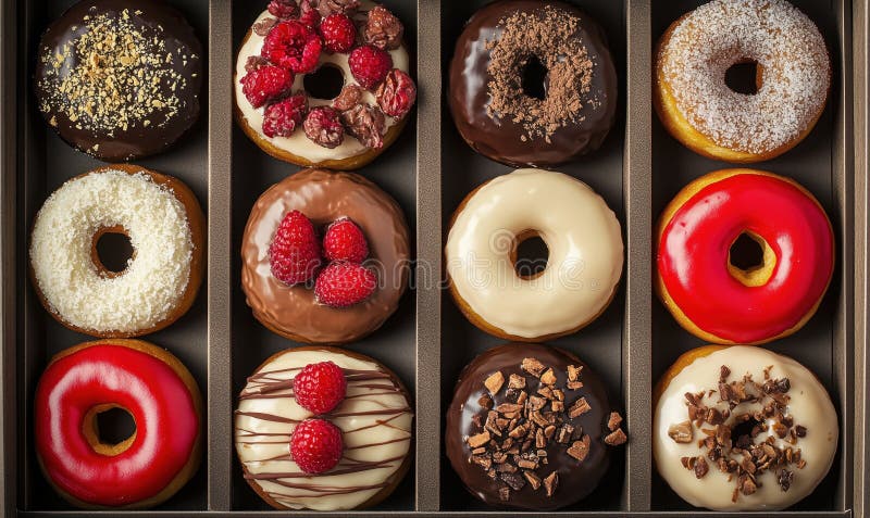 Assorted Gourmet Donuts Featuring Chocolate, Raspberry, Coconut, and ...