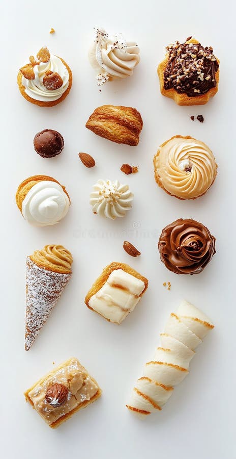 Assorted Gourmet Pastries and Desserts with Cream and Nuts on White ...