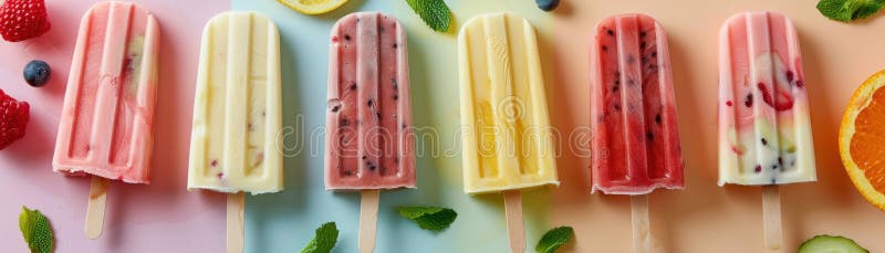Assorted Gourmet Popsicles with Fresh Fruit Pieces Visible Inside Stock ...
