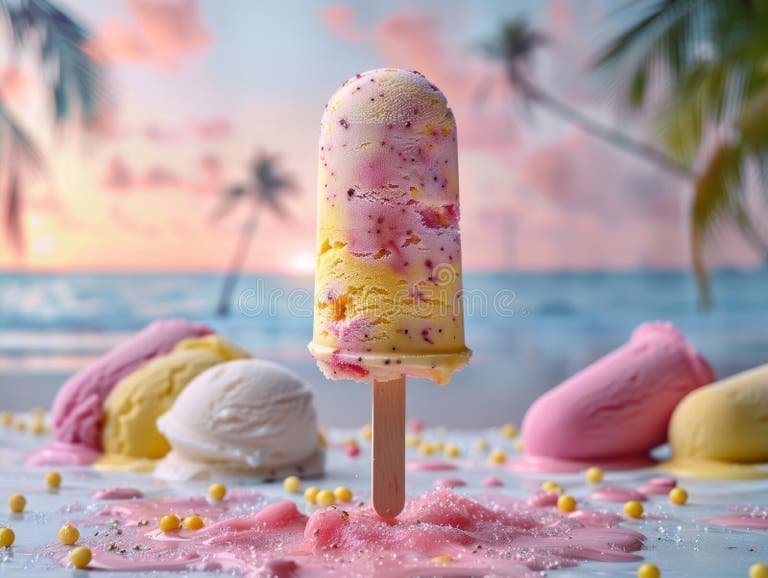 Assorted Gourmet Popsicles with Ocean and Sunset Backdrop Stock Illustration - Illustration of ...