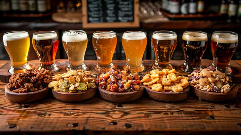 Assorted Gourmet Snacks Paired with Craft Beer Glasses in a Cozy Pub ...