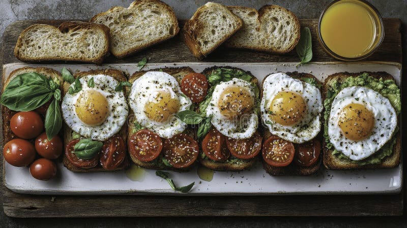 Assorted Gourmet Toasts with Eggs, Avocado, and Tomatoes, Overhead View ...