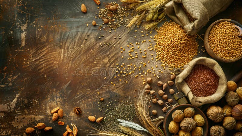 Assorted Grains and Nuts Spread Over a Rustic Background Stock Photo ...
