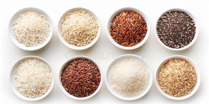 Assorted Grains and Rice Varieties in White Bowls on a White Background ...