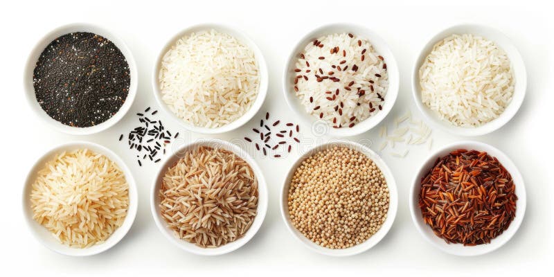 Assorted Grains and Rice Varieties in White Bowls on a White Background ...