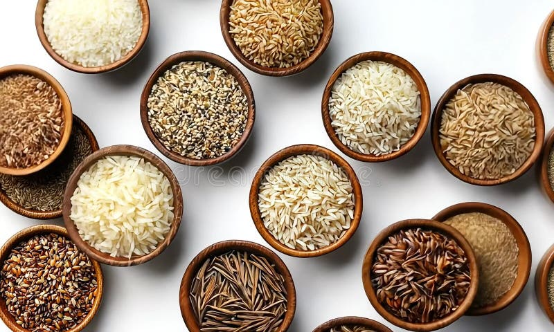Assorted Grains in Small Bowls. Various Types of Rice and Other Grains ...