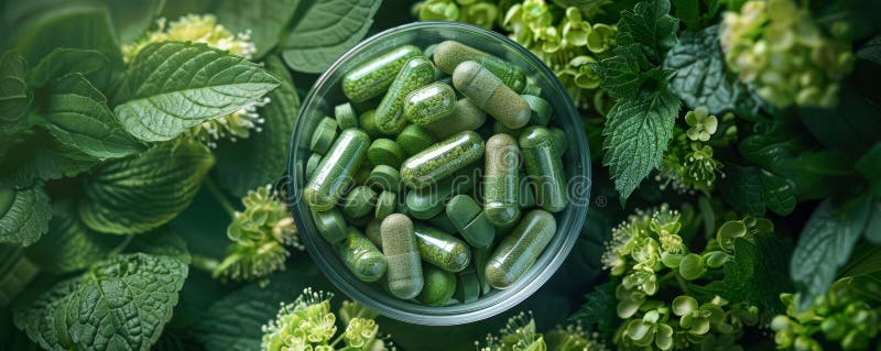 Assorted Green Capsules in a Container Surrounded by Leafy Plants Stock ...