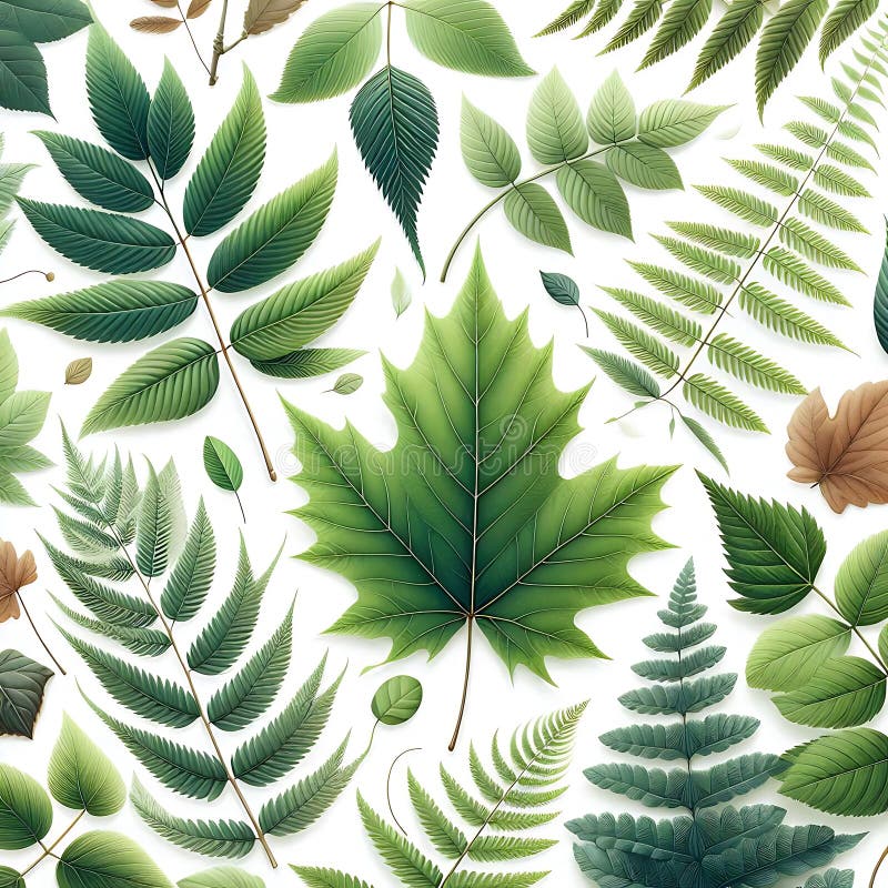 Assorted Green Ferns and Leaf Patterns on a White Background Stock Illustration - Illustration ...