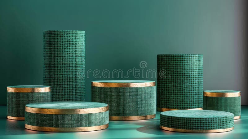 Group of Green and Gold Objects on Blue Surface Stock Image - Image of ...