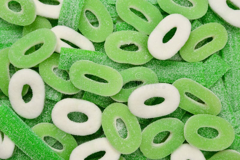 Assorted Green Gummy Candies Background. Top View Stock Photo - Image ...