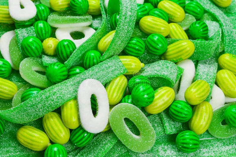 Assorted Green Gummy Candies Background. Top View Stock Photo - Image ...