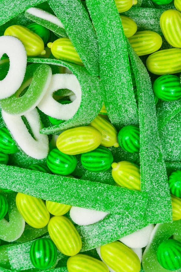Assorted Green Gummy Candies Background. Top View Stock Photo - Image ...