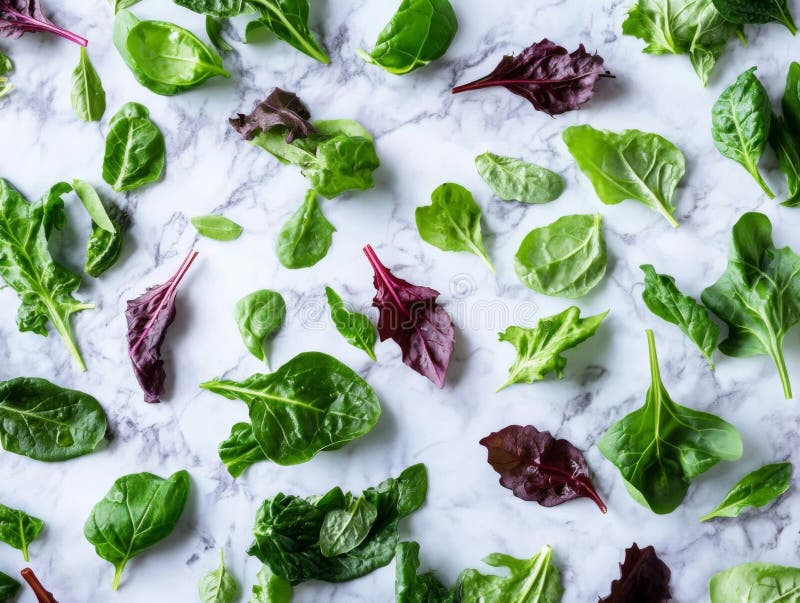 Assorted Green and Red Lettuce Leaves on Marble Surface Stock ...