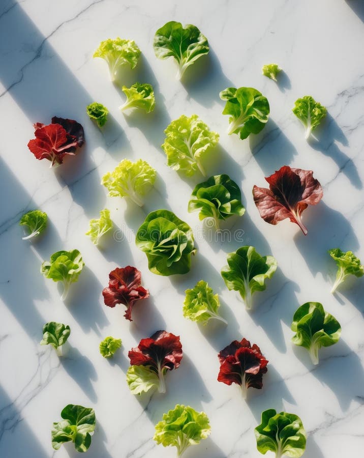 Assorted Green and Red Lettuce Leaves on Marble Surface Stock Photo ...