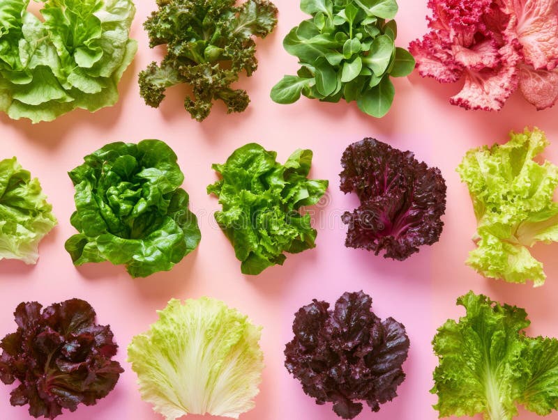 Assorted Green and Red Lettuce Varieties on Pink Background Stock ...
