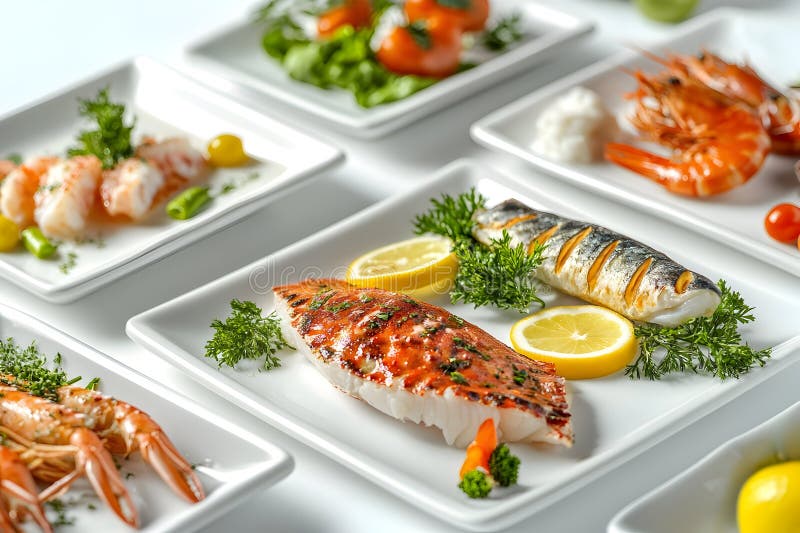 Assorted Grilled Seafood Dishes with Shrimp and Fish Fillets on White ...